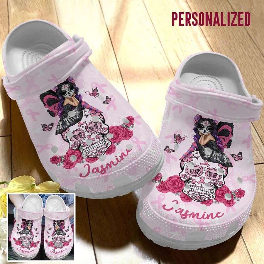 Personalized Breast Cancer Crocs Fairy Sugar Skull Pink Ribbon Crocs ...